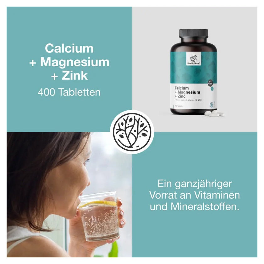 HealthyWorld Calcium + Magnesium + Zink – 9 Vitalstoffe mit Vitamin D3 ...